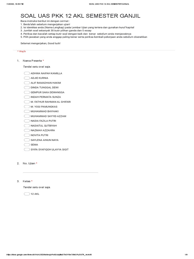 Soal Uas PKK 12 Akl SMT Ganjil 2022 - 2023 - Google Formulir | PDF