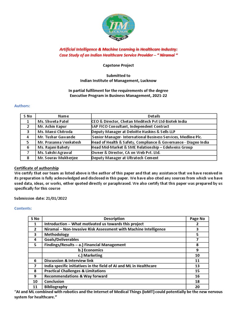 Capstone Project - Team 13 - 30.01.2022 - AI in Healthcare | PDF ...