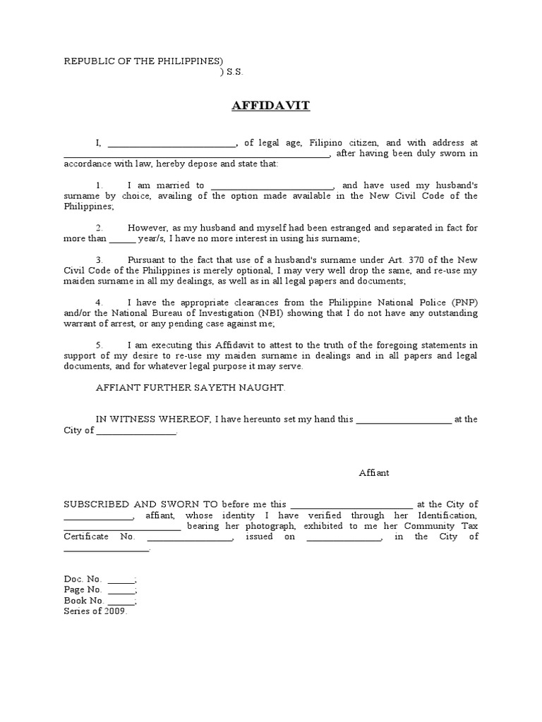 Affidavit for Maiden Name Reversion | PDF | Law