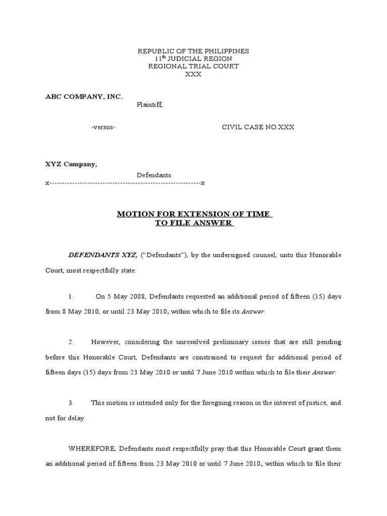 Motion For Extension | PDF | Lawsuit | Common Law