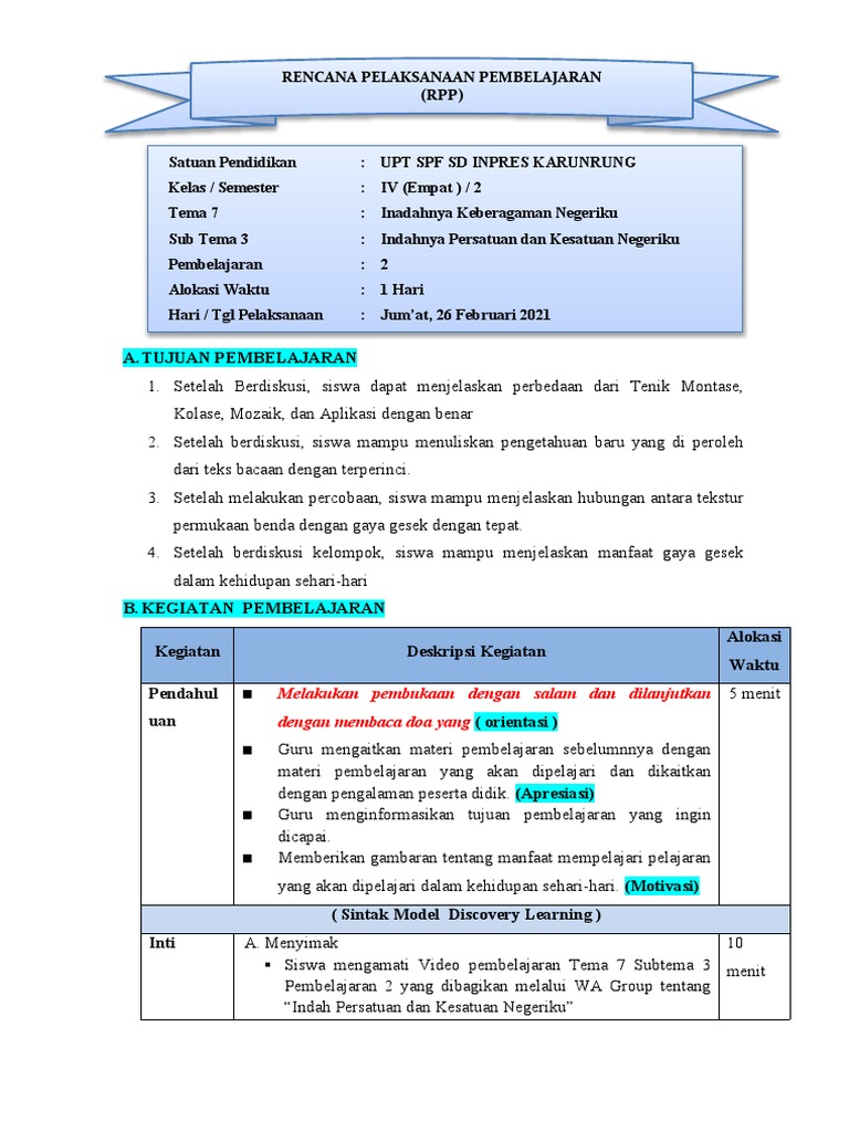 RPP Kelas Iv Tema 7, Subtema 3, PB 2 | PDF