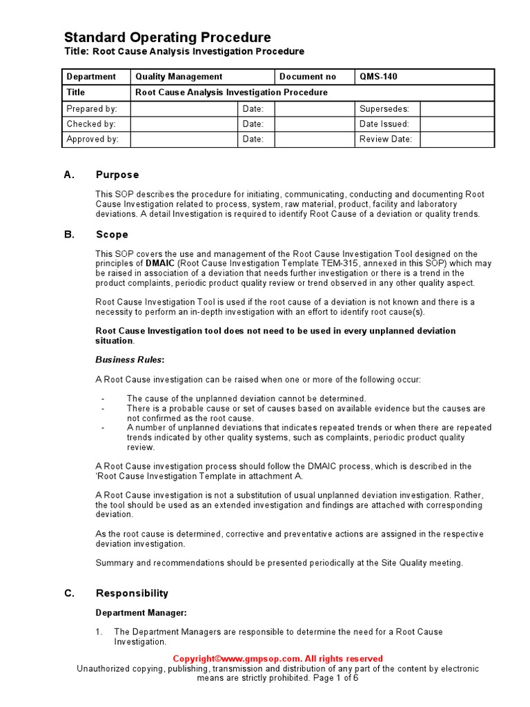 QMS 140 Root Cause Analysis Investigation Procedure Sample | PDF ...