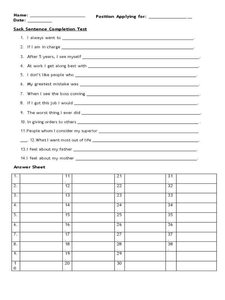 Sack Sentence Completion Test and Answer Sheet | PDF