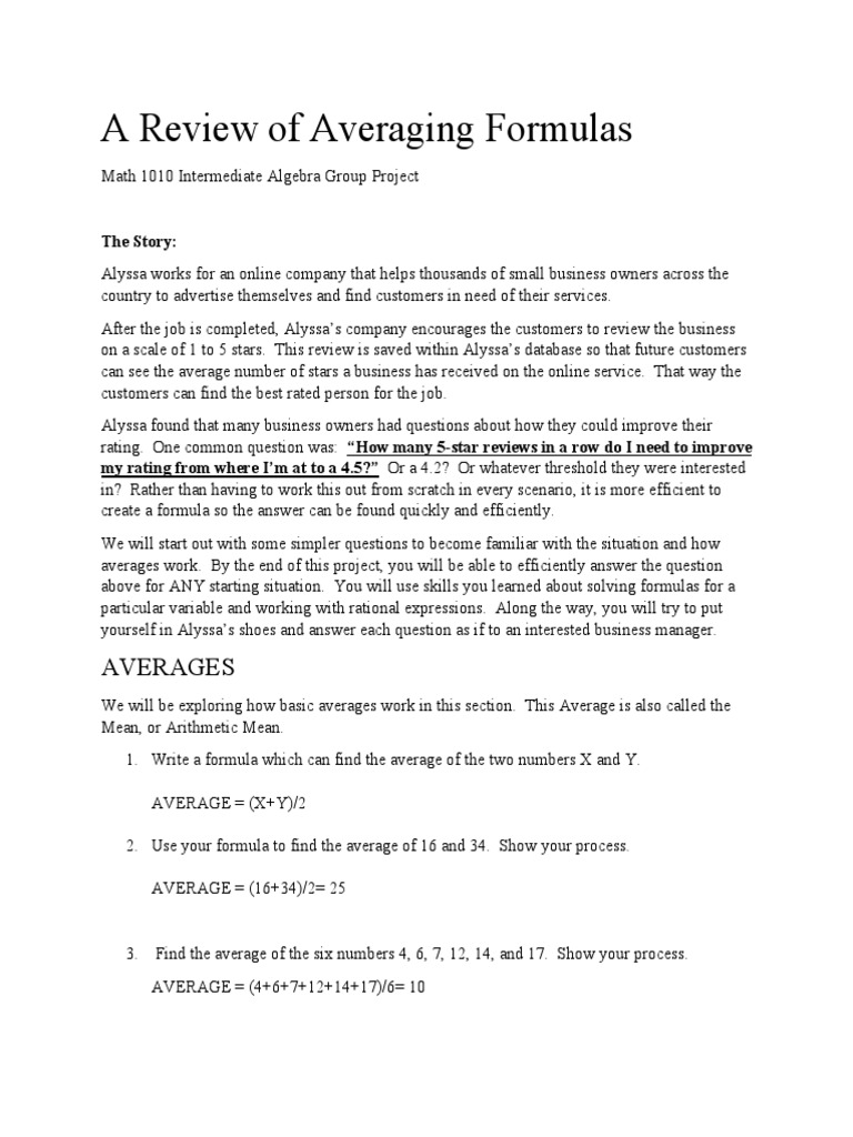 Project 2 - Averaging Formulas Project | PDF