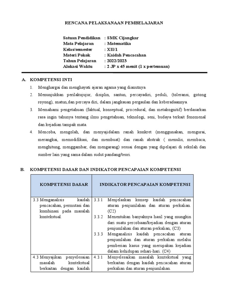 RPP Kaidah Pencacahan (Aturan Penjumlahan Dan Aturan Perkalian | PDF