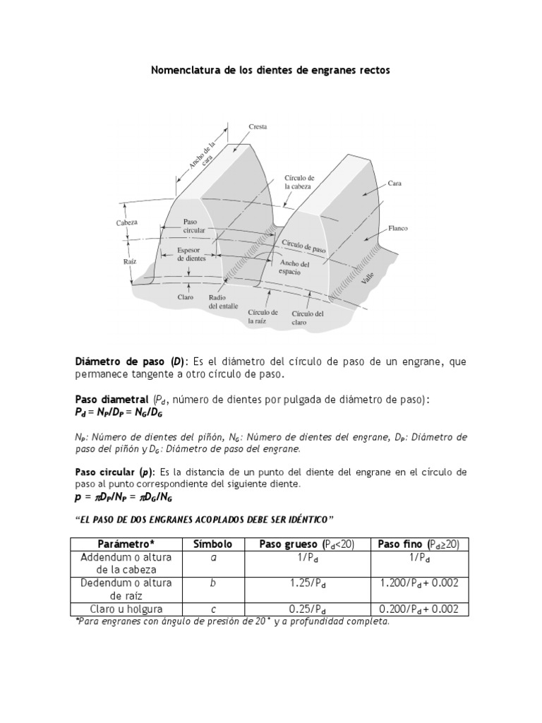 Nomenclatura Dientes Engranes Rectos | PDF | Engranaje | Geometría ...