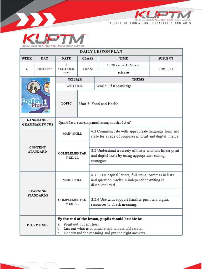 Lesson Plan Unit 5 (Language Focus + Countable and Uncountable Nouns ...