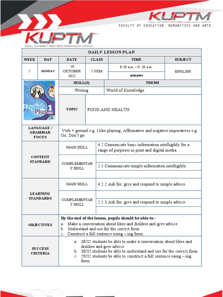 Lesson Plan Unit 5 (Language Focus Verb LM Ing Imperatives) | PDF