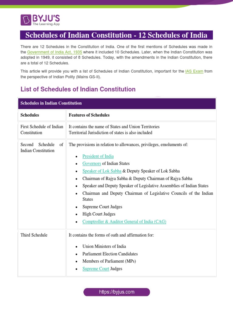 Schedules of Indian Constitution | PDF | Government Of India | U.S. State