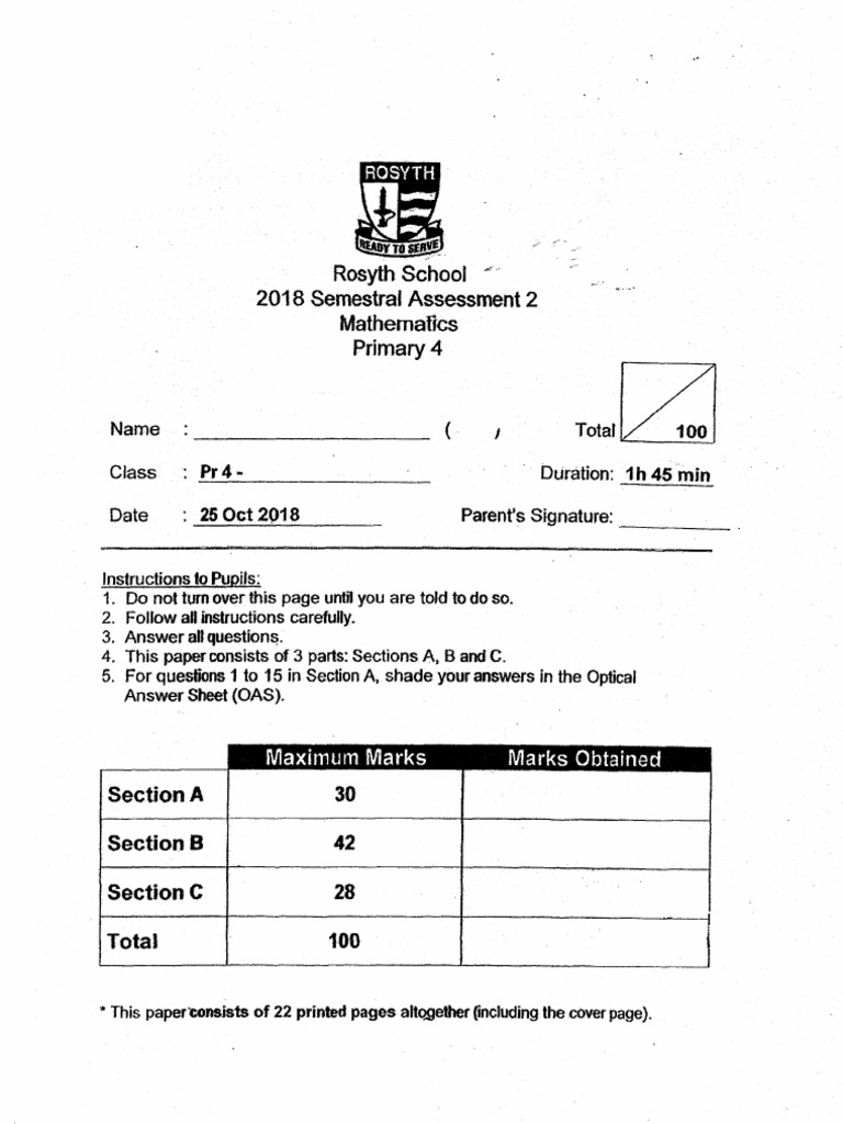 P4 Maths SA2 2018 Rosyth Exam Papers | PDF