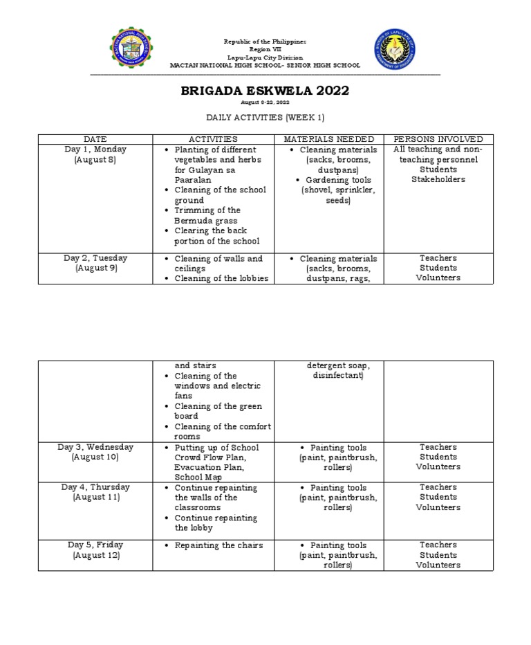Daily Schedule For Brigada Week 1 | PDF