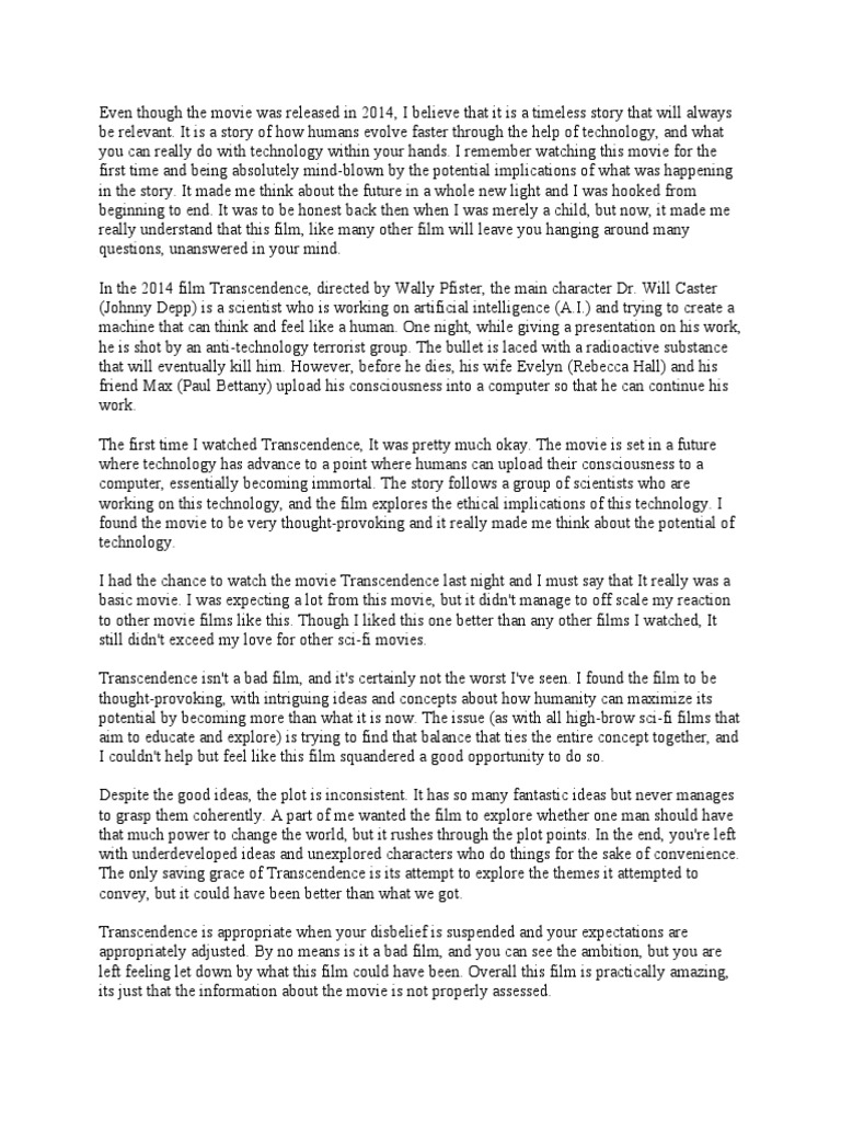 The Following Is A Reaction Paper On The Movie Transcendence | PDF ...