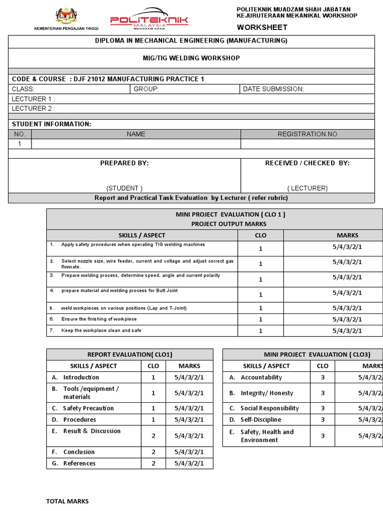 COVER PAGE Rubrik TIG DJF21012 | PDF | Welding | Construction
