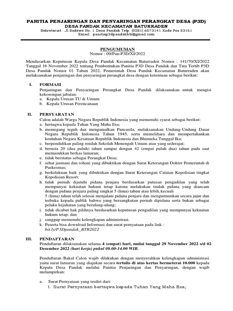 Penjaringan Perangkat Desa Pandak 2022 | PDF