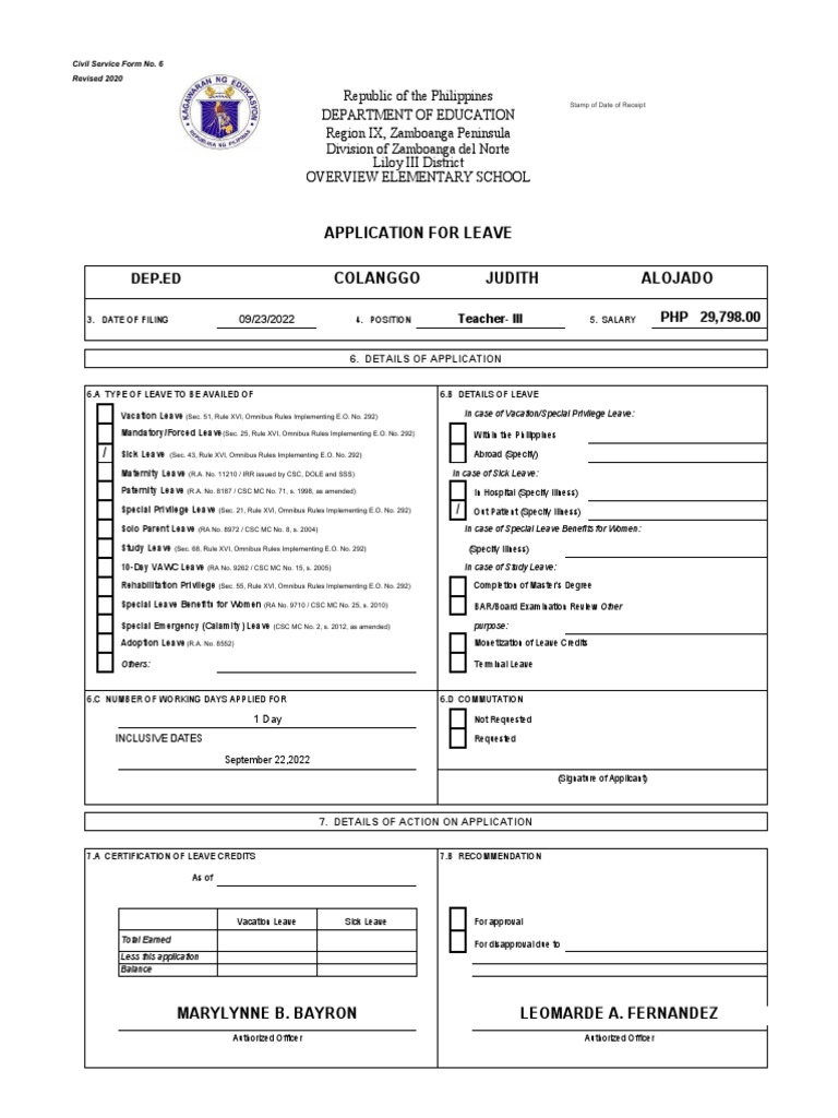 CS Form No. 6 Revised 2022 | PDF | Parental Leave | Sick Leave
