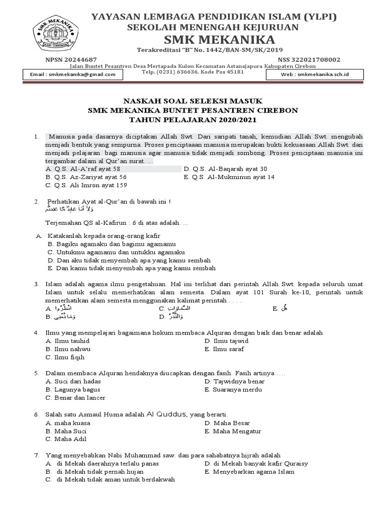 Soal Seleksi Masuk | PDF | Agama & Spiritualitas