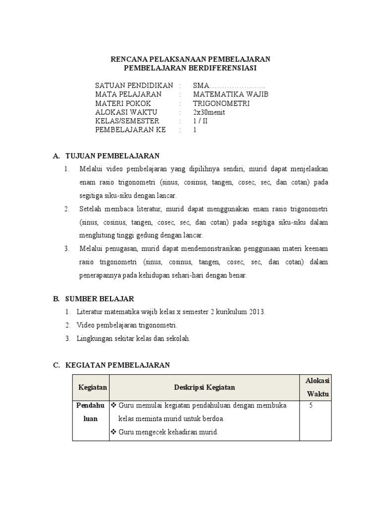 Contoh RPP Berdiferensiasi Tingkat SMA | PDF