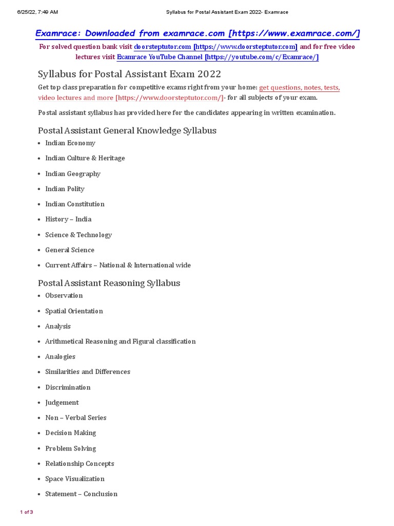 Postal Assistant Exam Syllabus | PDF | Mathematics | Test (Assessment)