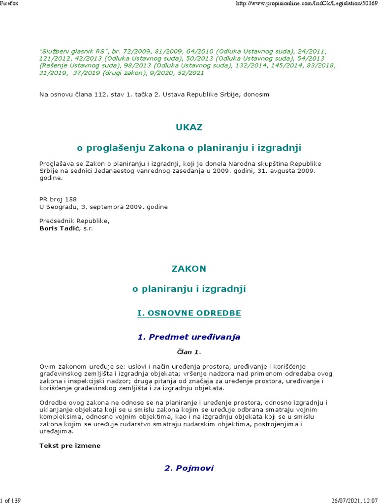 Zakon o Planiranju I Izgradnji 2021 - Preciscen Tekst | PDF