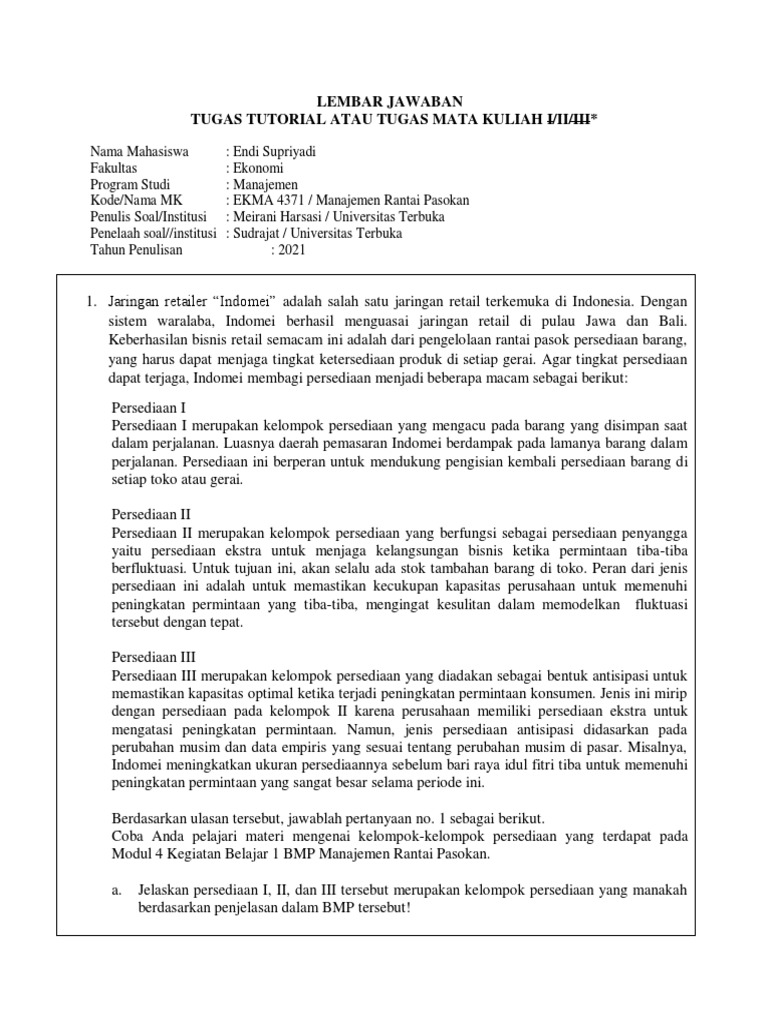 Tugas 2 EKMA4371 Manajemen Rantai Pasokan | PDF