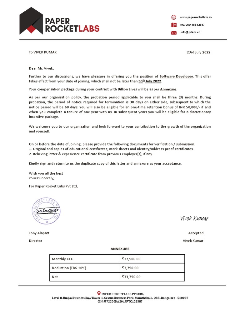 Offer Letter for Vivek Kumar | PDF