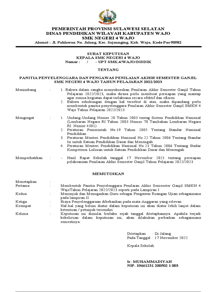 SK Penilaian Akhir Semester Ganjil 2022-2023 | PDF