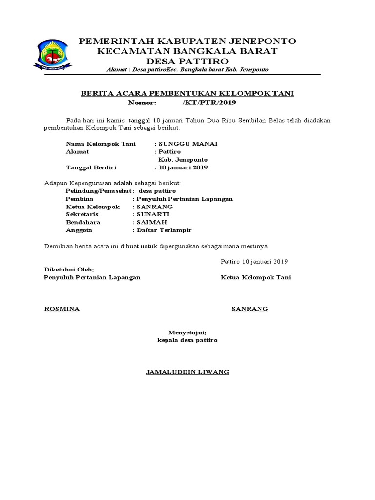 Berita Acara Pembentukan Kelompok Tani Pdf