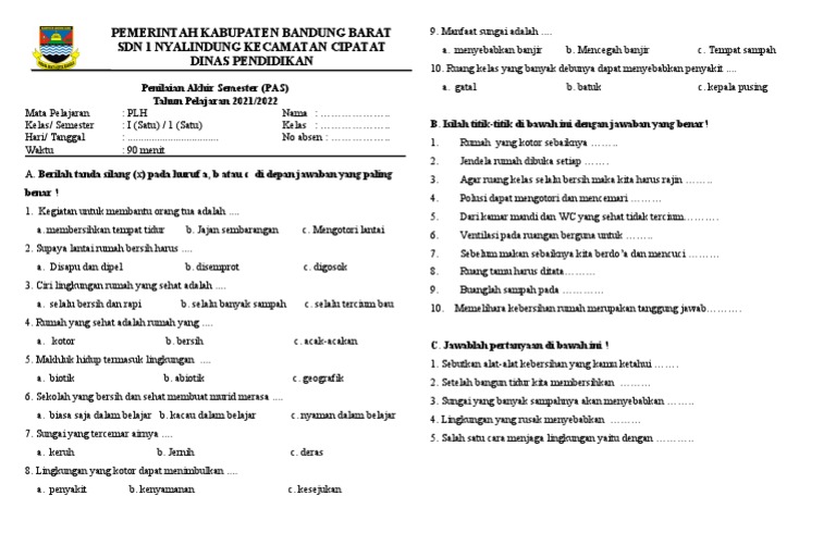 Soal Uas PLH KLS 1 Nyalindung | PDF | Seni & Disiplin Bahasa
