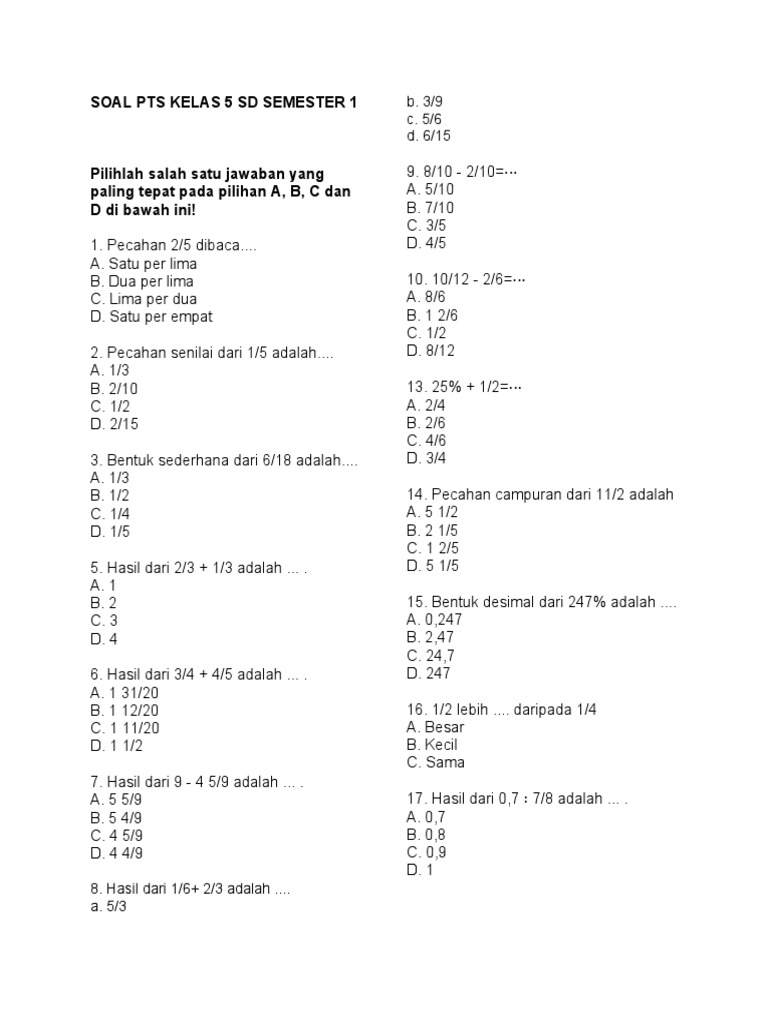 Soal PTS Matematika Kelas 5 SD Semester 1 | PDF