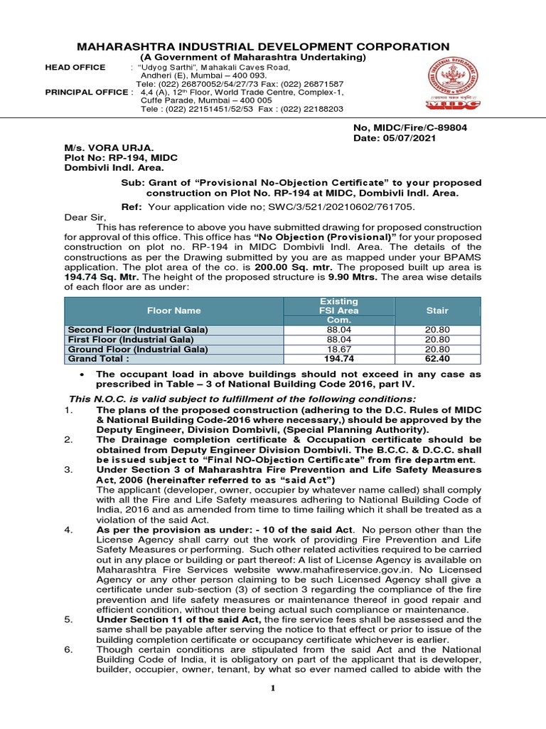 Provisional NOC for MIDC Dombivli Construction | PDF | Technology & Engineering
