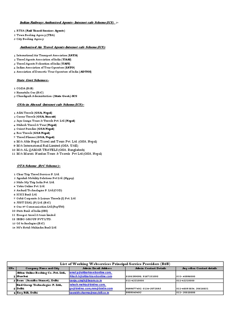 IRCTC Authorised Principal Service Providers | PDF | Economy Of India ...