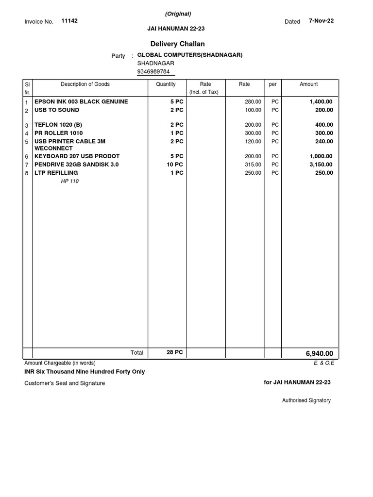 Delivery Challan: Invoice No. Dated | PDF