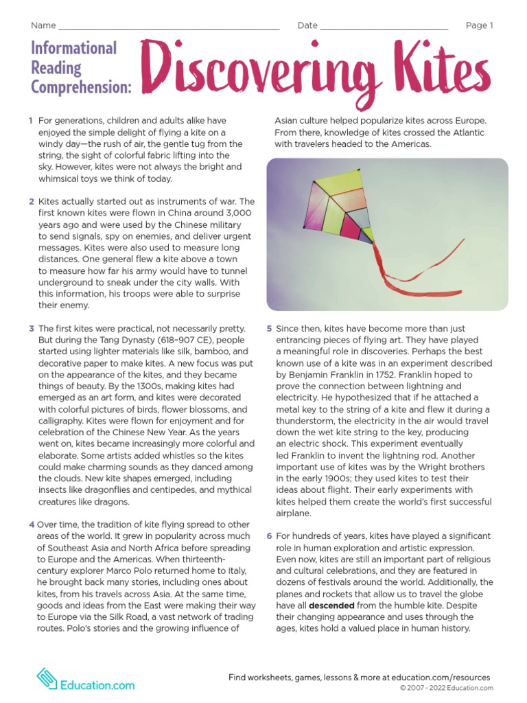 Informational Reading Comprehension Discovering Kites | PDF