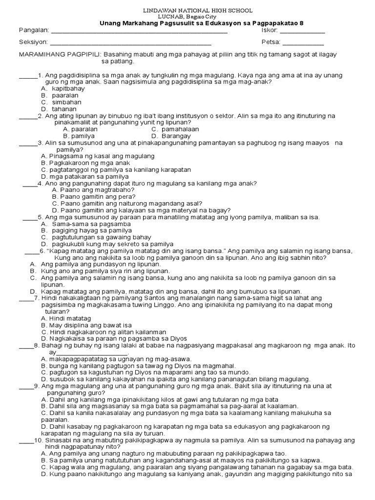 Baguio-Grade-8-Test-question - First Grading | PDF