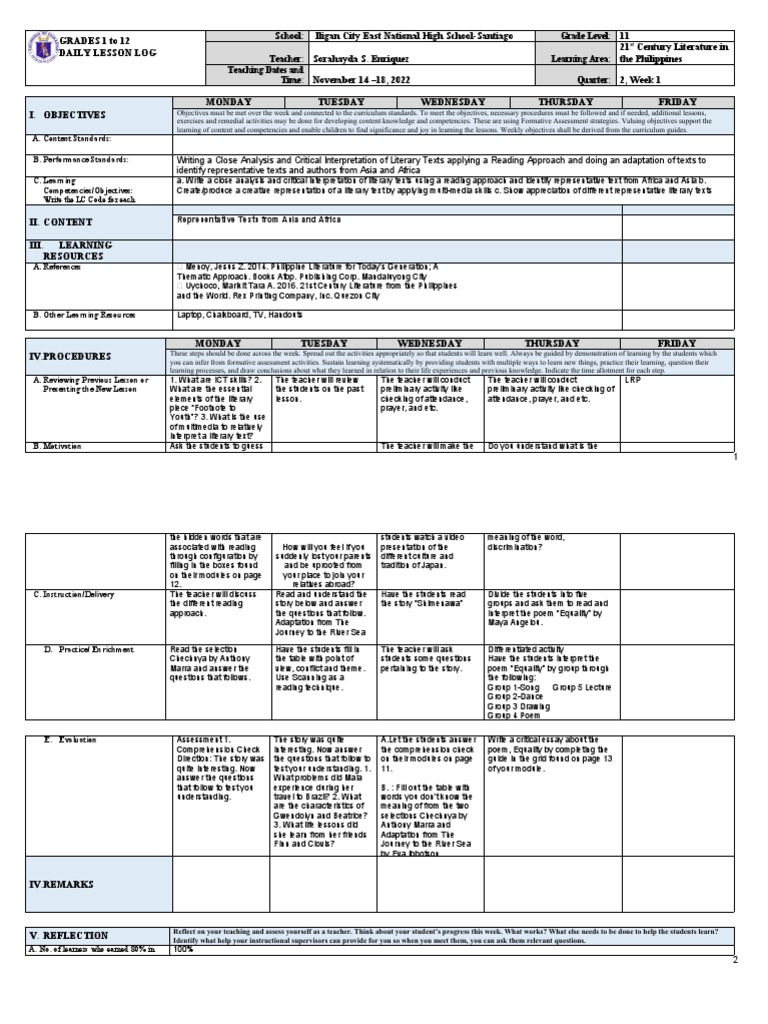 Daily Lesson Log for 21st Century Literature | PDF | Learning ...