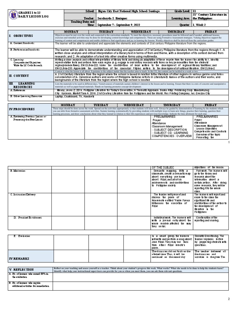 21st Century Lit DLL Week 1 | PDF | Teaching Method | Learning