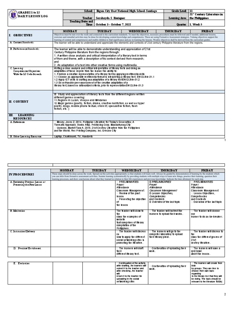21st Century Lit DLL Week 4 | PDF | Teaching Method | Learning