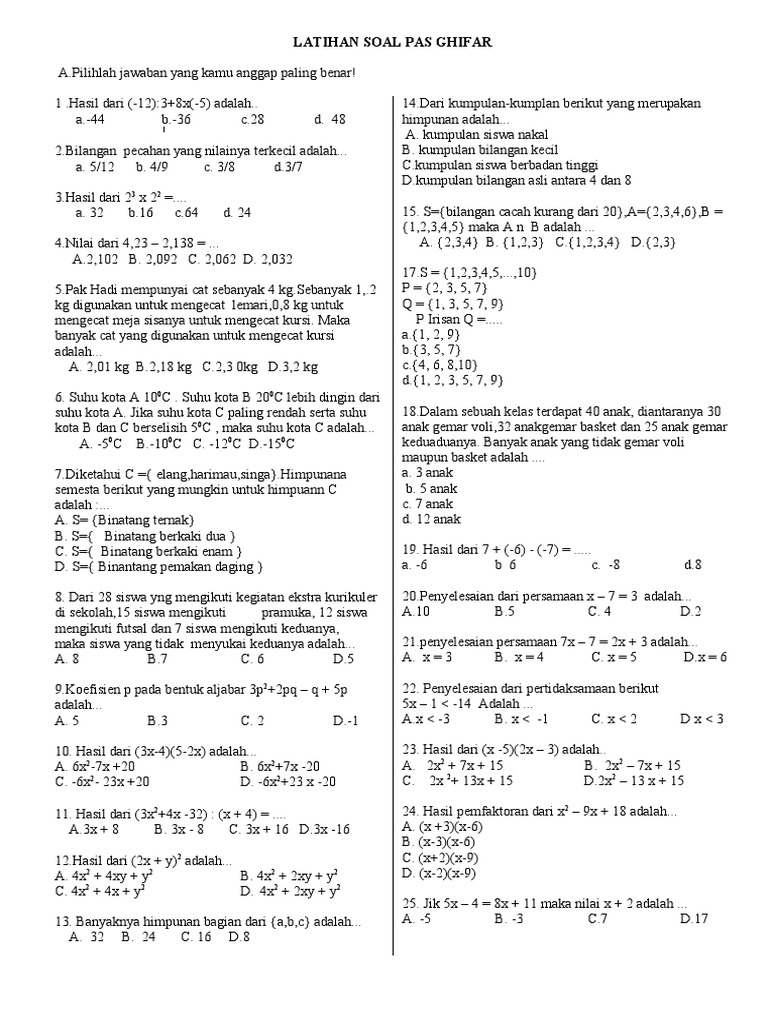 Soal PAS MTK KLS 7 VERSI 1 - WWW - Kherysuryawan.id | PDF