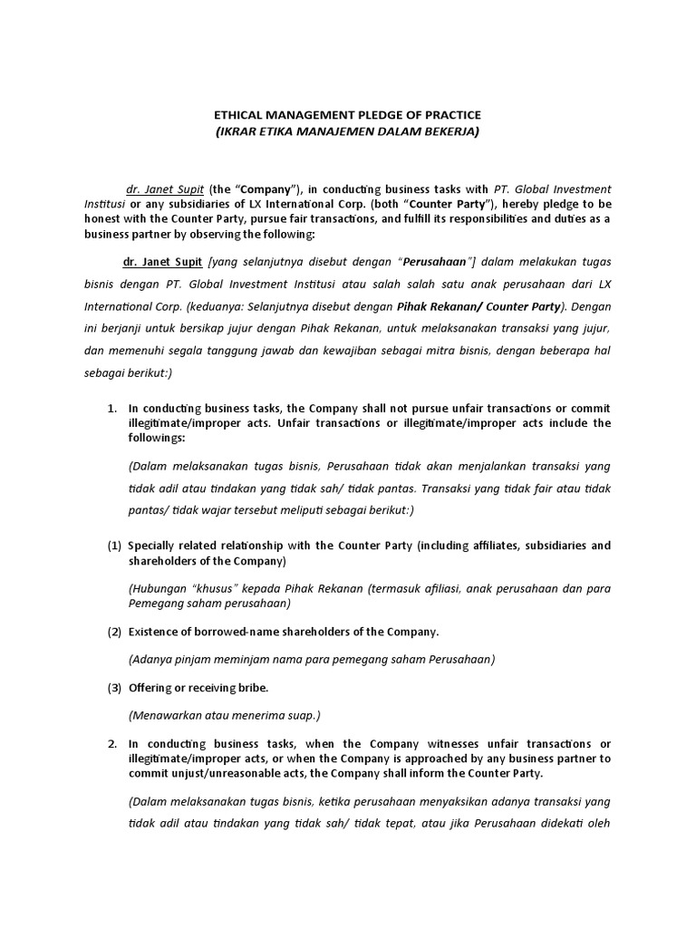 1 Ethical Management Pledge of Practice | PDF