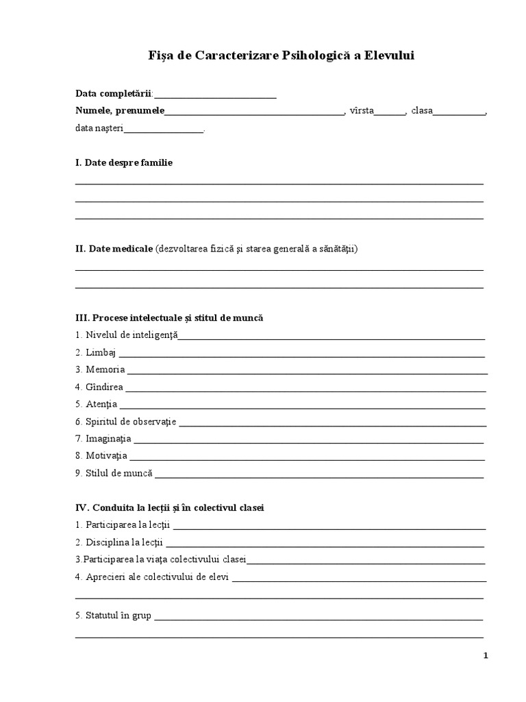 Fisa de Caracterizare Psihologic A Elevului | PDF