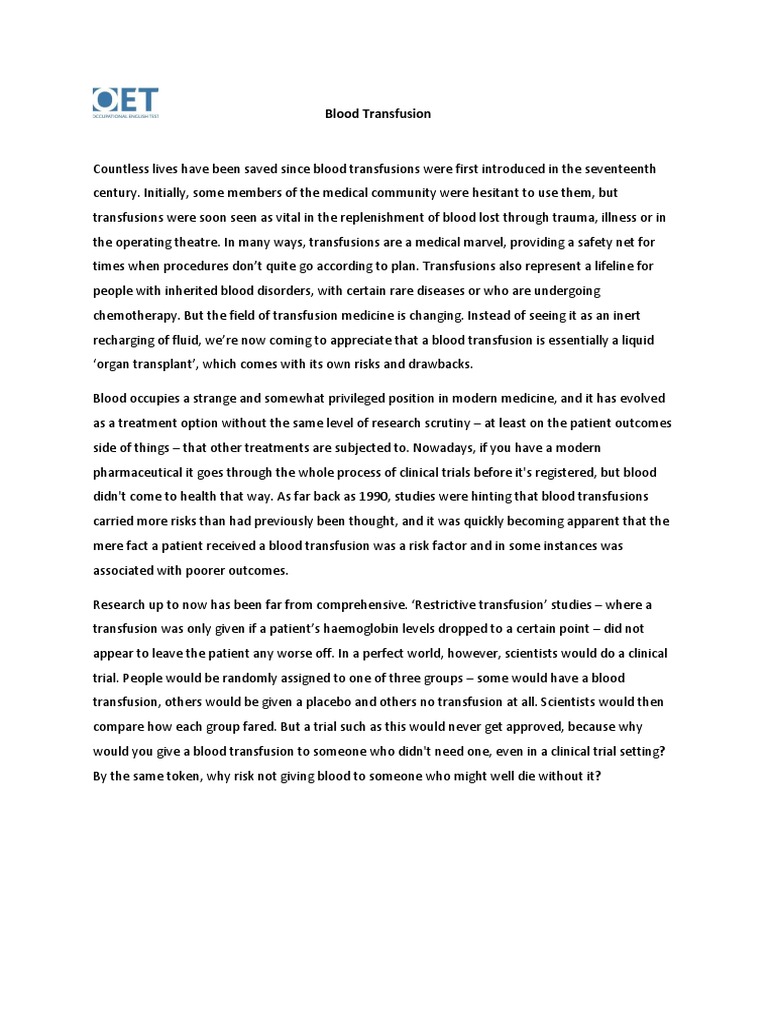 OET Reading C03 - Blood Transfusions | PDF