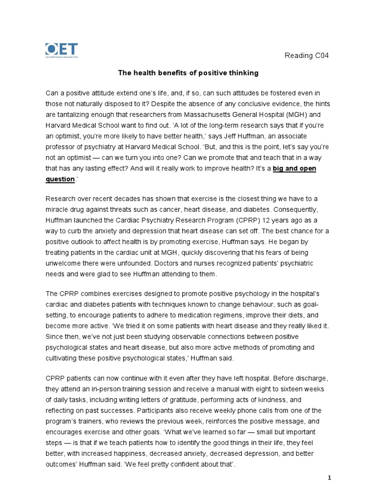 OET Reading C04 - Positive Thinking | PDF