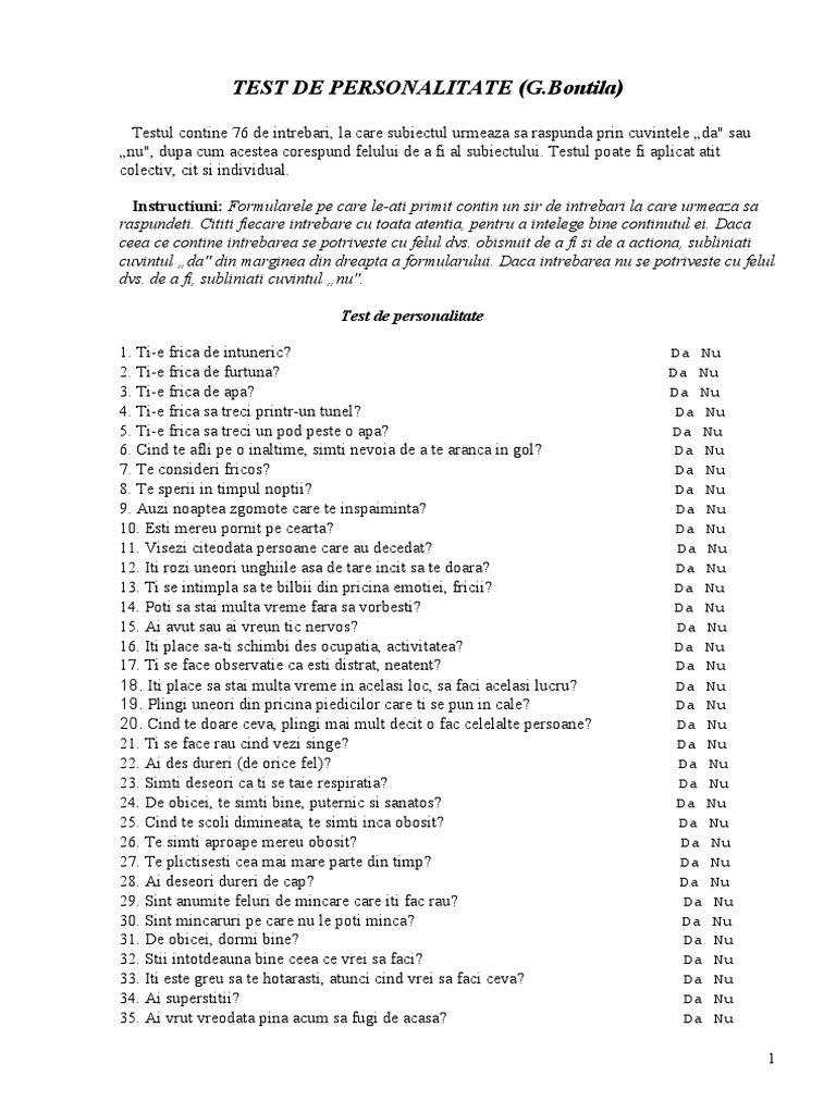 TEST DE PERSONALITATE (G.Bontila) | PDF
