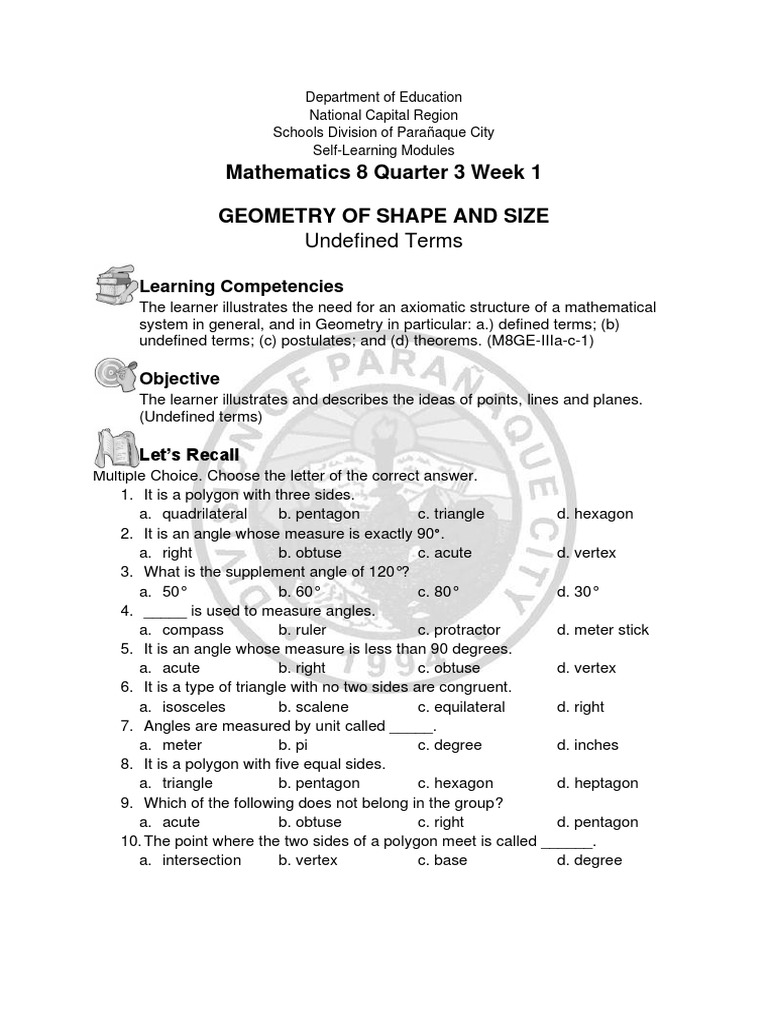 Math Grade8 Quarter3 Week1 Module1 | PDF | Line (Geometry) | Triangle