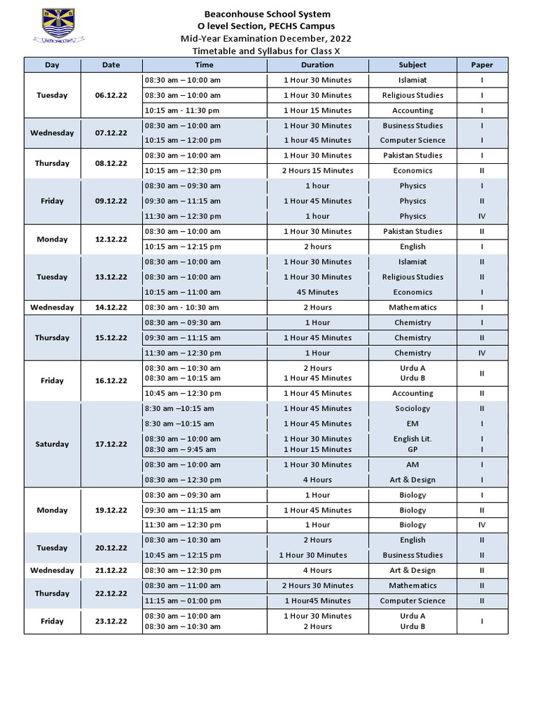 Class 10 Mid-Year Exam Timetable | PDF | Hadith | Trigonometric Functions