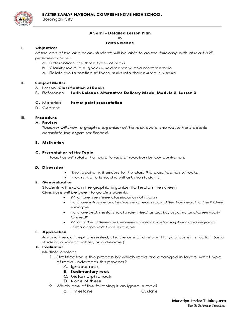 Lesson Plan in Earth Science - Rocks | PDF
