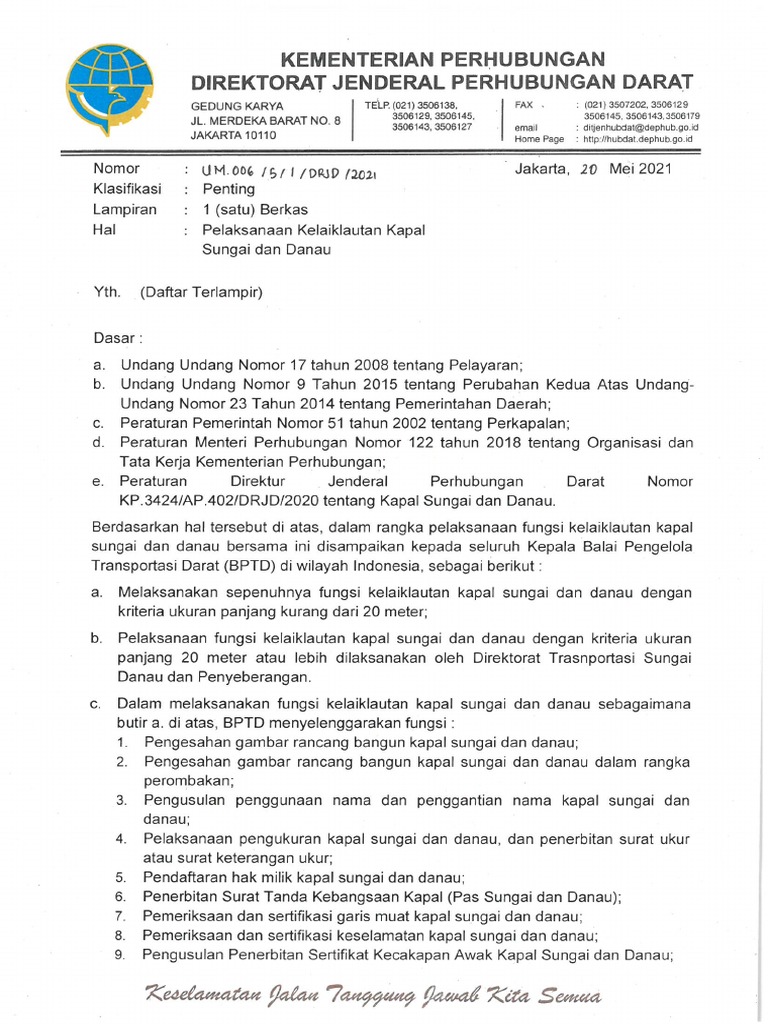 Surat Pelaksanaan Kelaiklautan Kapal Sungai Dan Danau | PDF