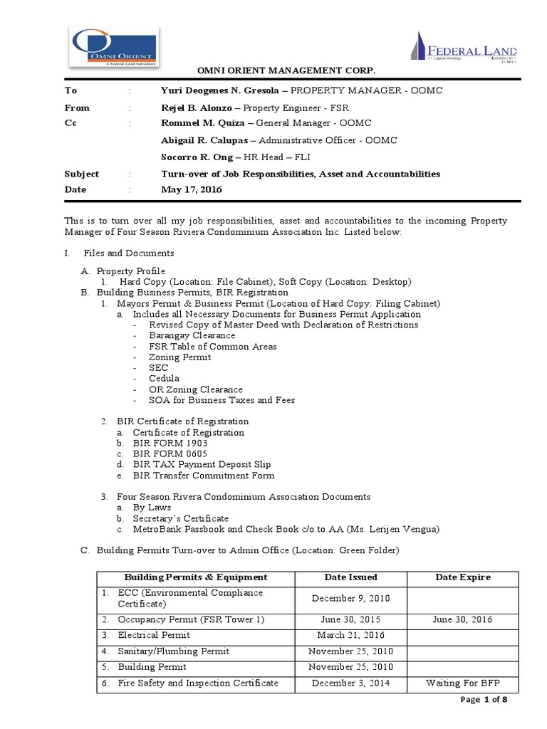Job Responsibilities Turnover Document | PDF | Technology & Engineering