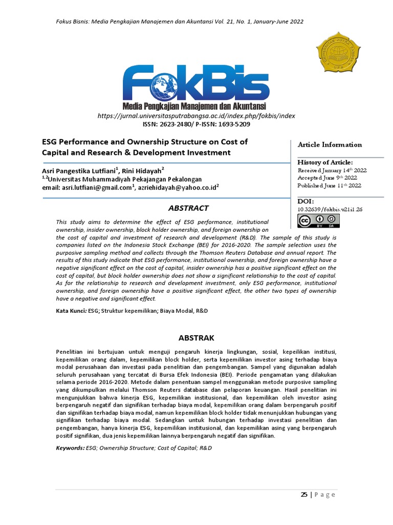 ESG Performance and Ownership Structure On Cost of Capital and Research & Development Investment ...