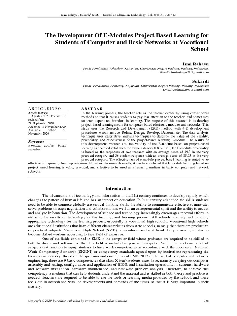 The Development of E-Modules Project Based Learning For Students of Computer and Basic Networks ...